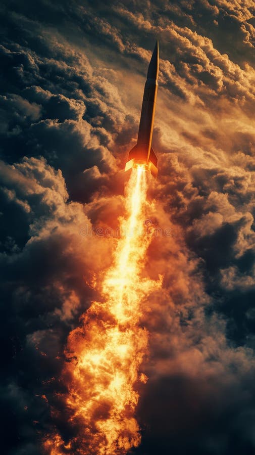 Rocket Launching through Dramatic Clouds with Fiery Exhaust, Close-up ...