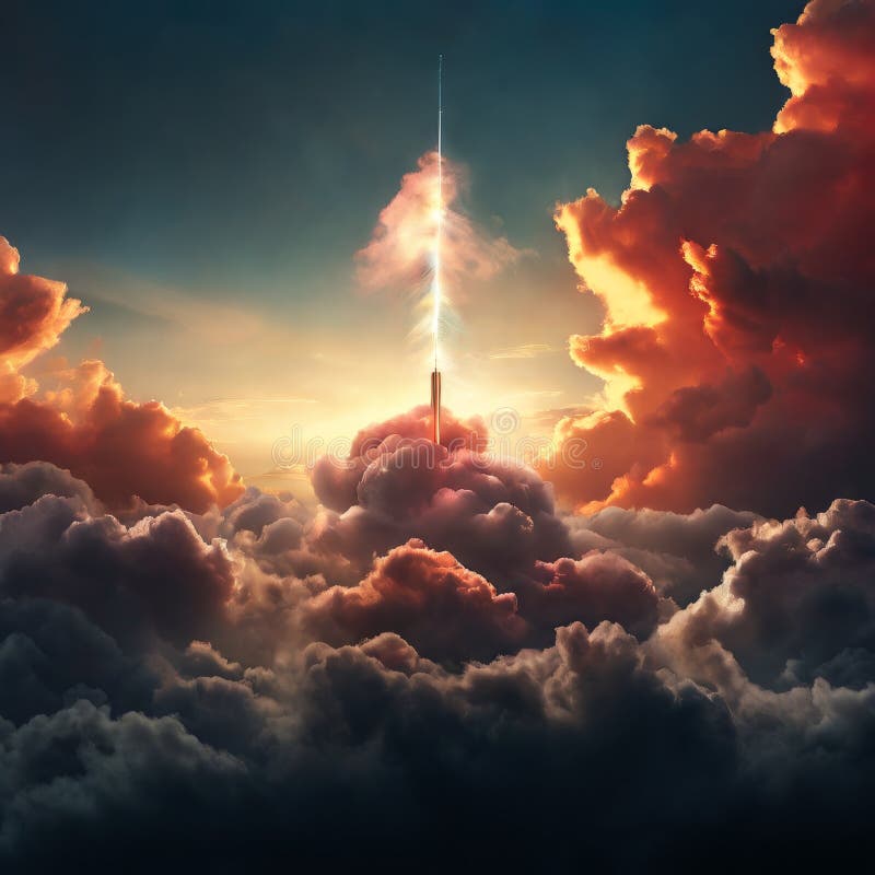 Rocket Launching through Dramatic Clouds at Sunset Stock Image - Image ...