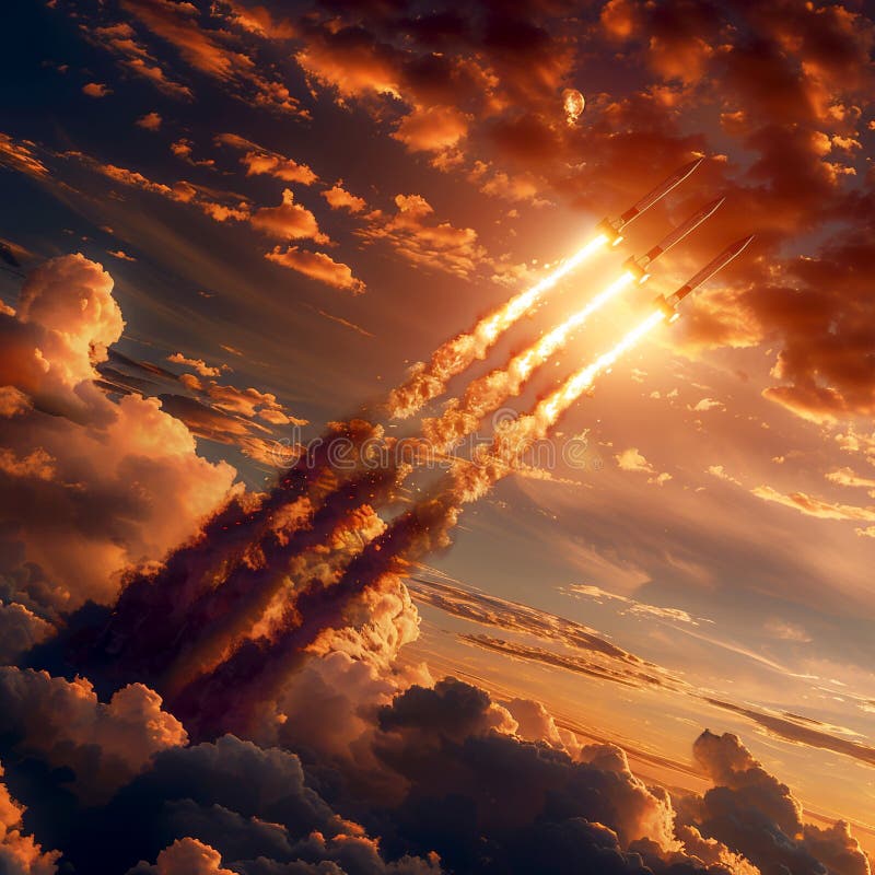 Rocket Launching into a Dramatic Sunset Sky Over Cloudy Horizons Stock ...