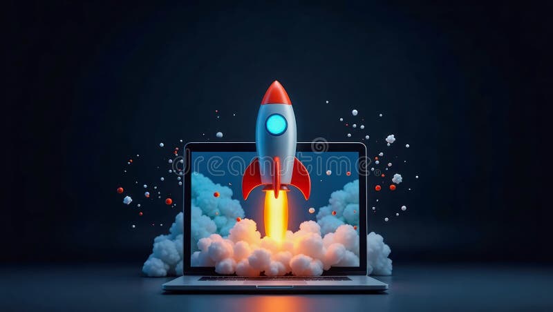Rocket Launching Dynamic Startup on a Laptop Screen Stock Image - Image ...