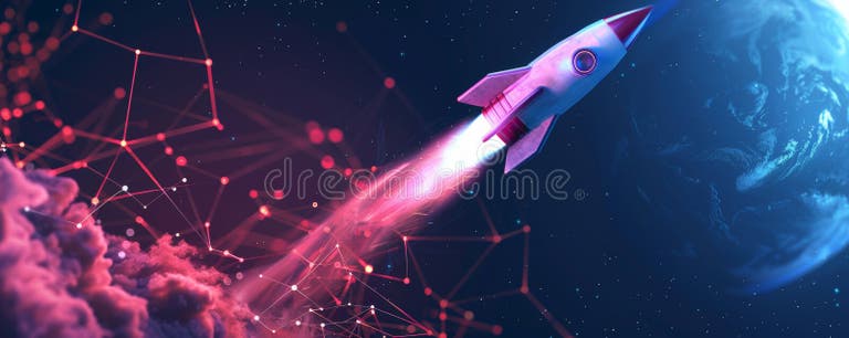 Rocket Launching from Earth into Space with Digital Network and Reddish ...