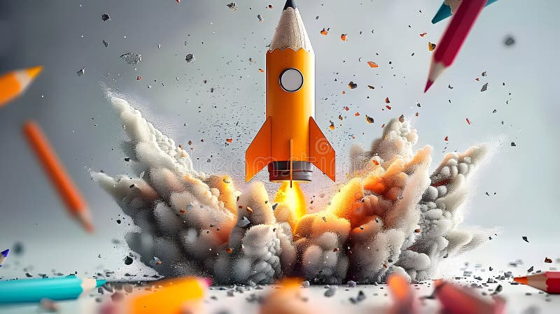 Rocket Launching from Exploding Colorful Pencils in Creative Art Concep ...