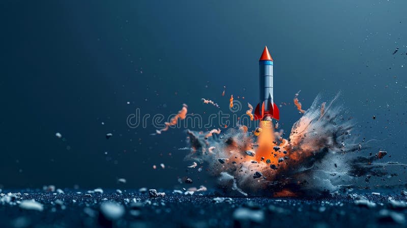 Rocket Launching with Explosive Force Against a Vivid Blue Backdrop ...
