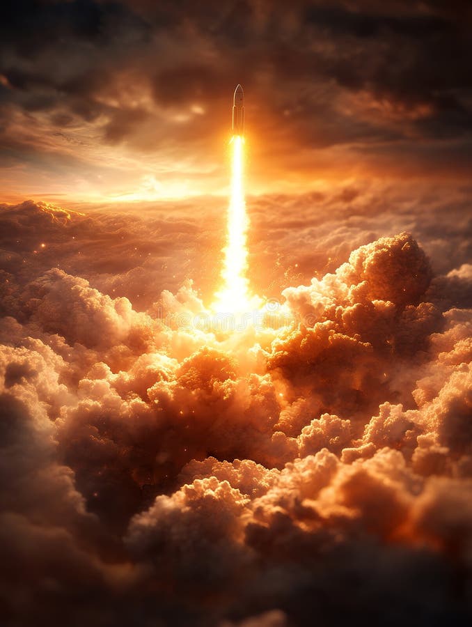 Rocket Launching through Fiery Clouds at Sunset. Dramatic Lighting and ...