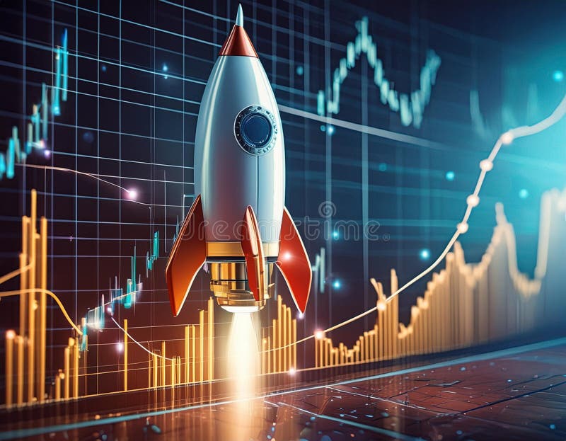 Rocket Launching from Financial Charts Display Screen Stock ...
