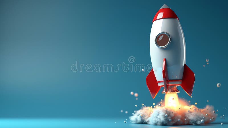 Rocket Launching with Fire and Smoke, Blue Background. Space ...