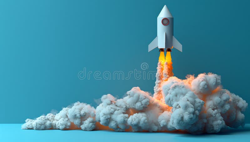 Rocket Launching with Flames and Smoke Against Blue Background. a ...