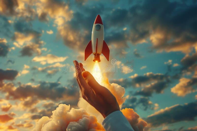 Rocket is Launching and Flying Out from Hand To Sky. Generative AI ...