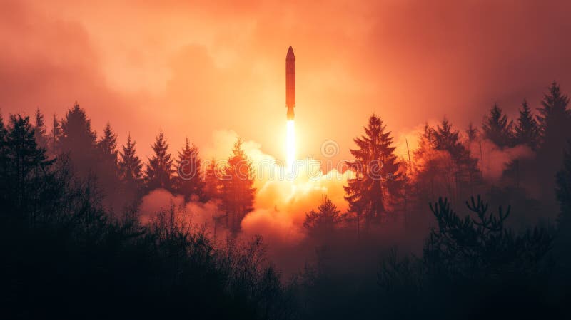 Rocket Launching through Forest at Sunrise, Powerful Ascent and ...