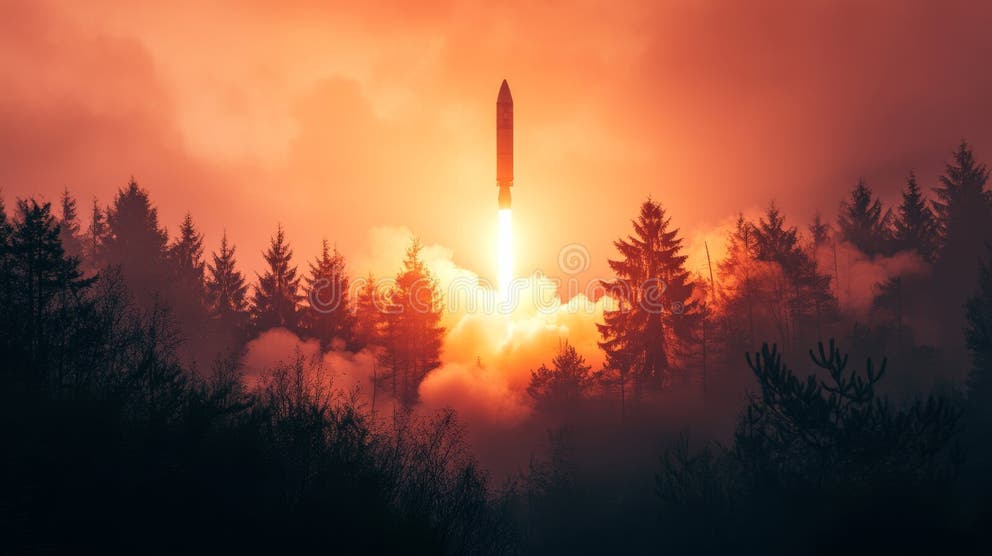 Rocket Launching through Forest at Sunrise, Powerful Ascent and ...