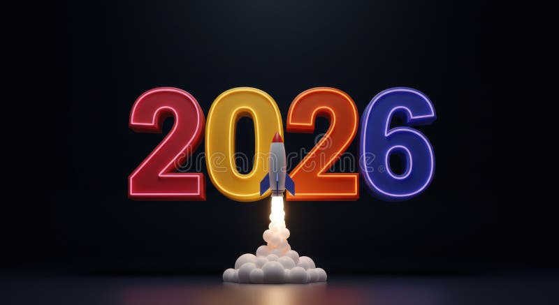 Rocket Launching in Front of Colorful 2026 Numbers Symbolizing New ...