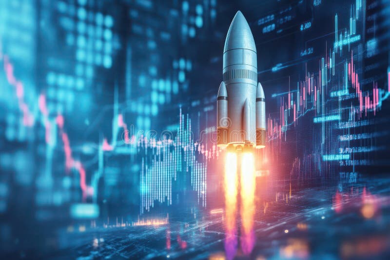 Rocket Launching in Front of Finance Chart Backdrop Stock Image - Image ...