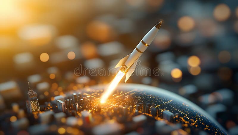 Rocket Launching from Futuristic City at Night Stock Image - Image of ...