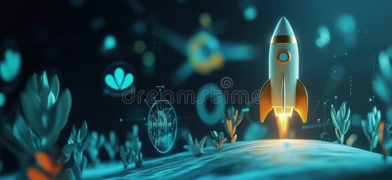 Rocket Launching in Futuristic Landscape with Digital Elements and ...