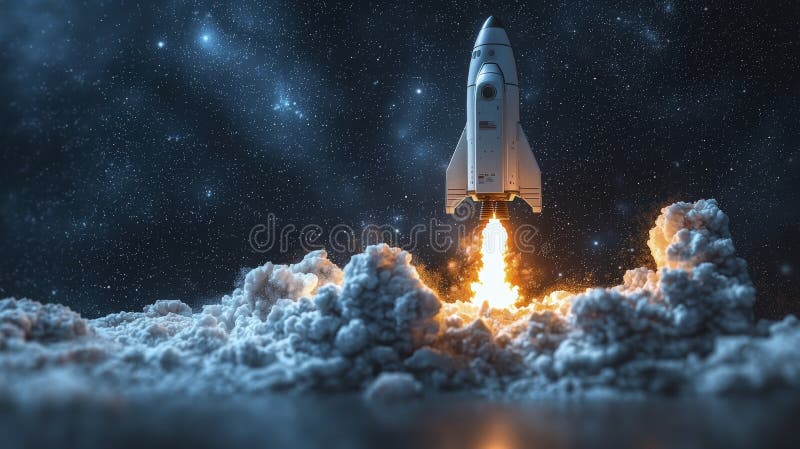 Rocket Launching in Galactic Space with Clouds Stock Illustration ...