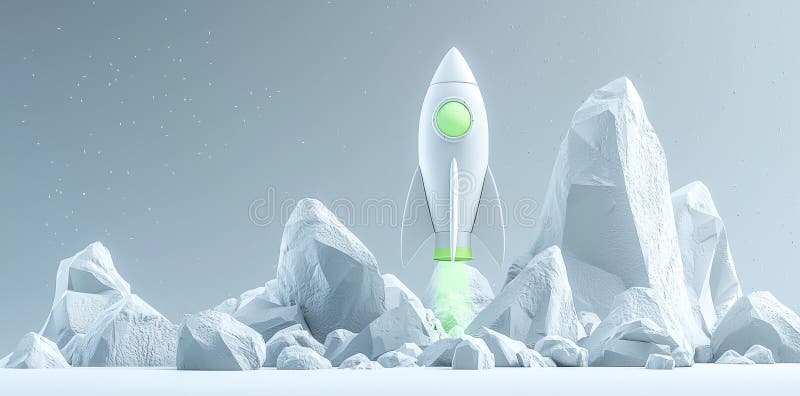 A Rocket Launching in Green and White with Clouds Made of 3D Polygons ...