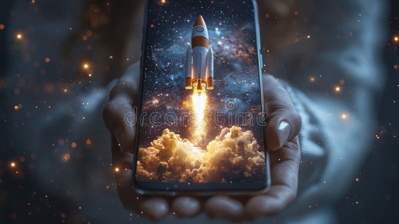 Rocket Launching from Phone Hand, Surrounded by Stars Stock ...