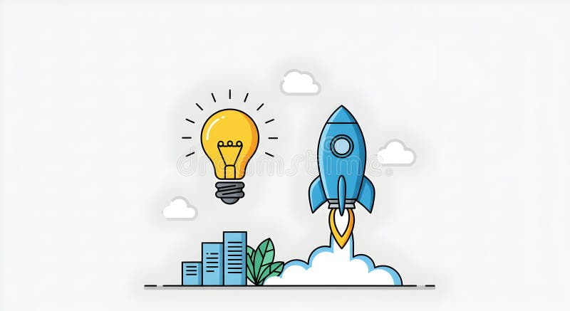 Rocket Launching with Idea Bulb and Chart Illustration Stock ...