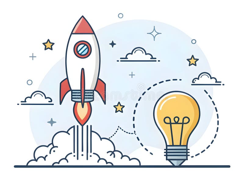 Rocket Launching with Idea Lightbulb Concept Illustration Stock ...