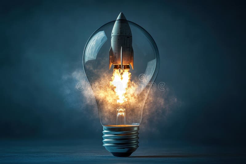 Rocket Launching Inside a Light Bulb Generating Innovative Ideas Stock ...