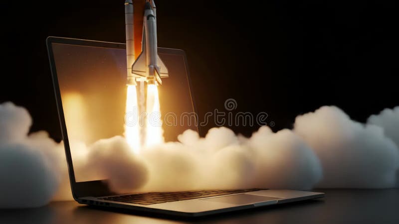 Rocket Launching from Laptop with Clouds in Dark Background Stock ...