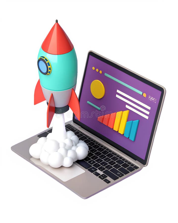 Rocket Launching from Laptop Colorful 3d Illustration Stock ...