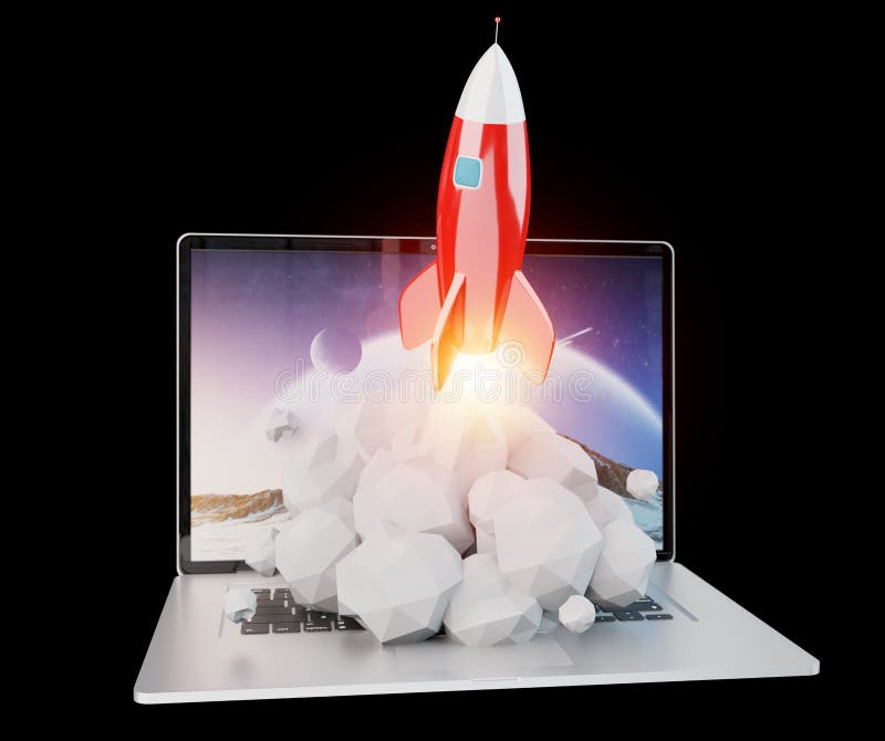 Rocket Launching from a Laptop 3D Rendering Stock Illustration ...
