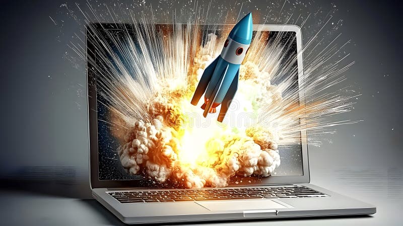 Rocket Launching from a Laptop with Explosion Effect Stock Image ...