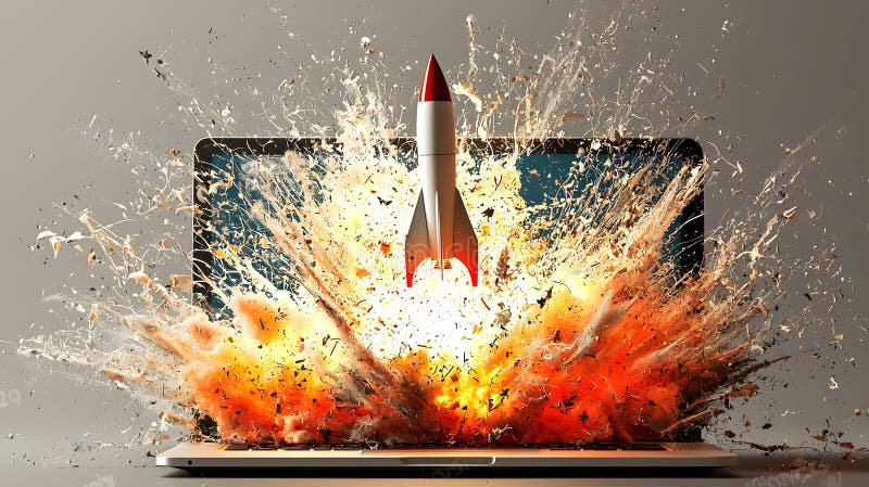 Rocket Launching from a Laptop with Explosive Force Stock Image - Image ...