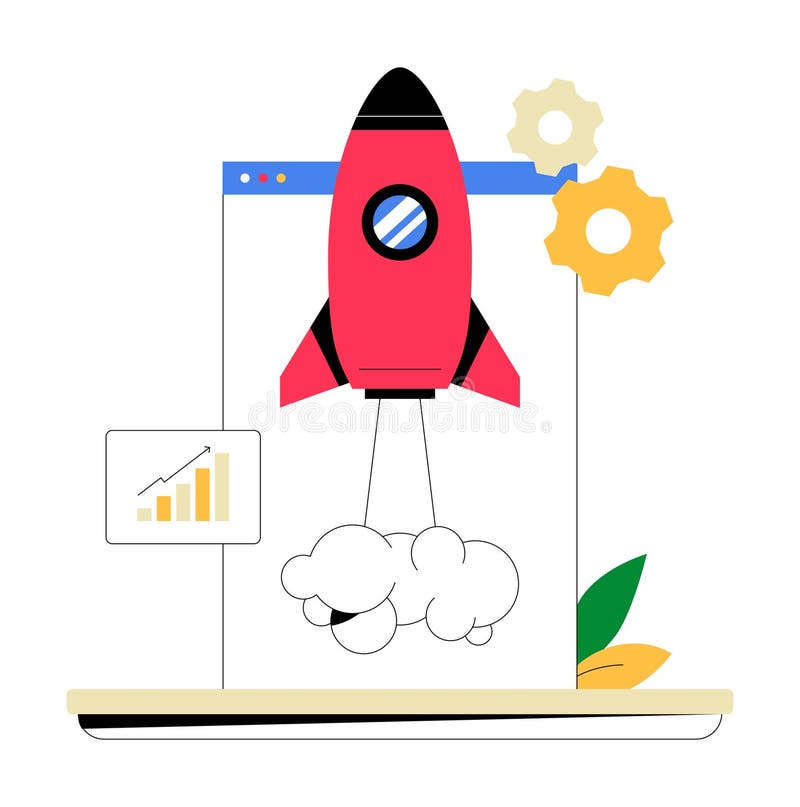 Rocket Launching from Laptop in Flat Vector Illustration Symbolizing ...