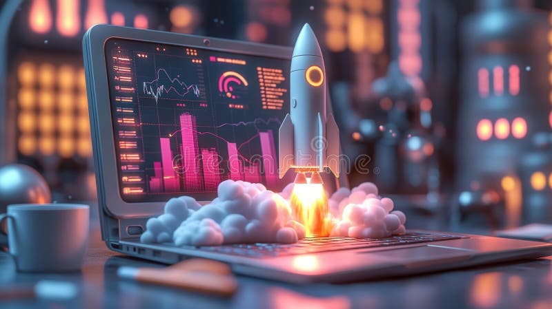 Rocket Launching from Laptop in a Futuristic Digital Scene Stock Photo ...