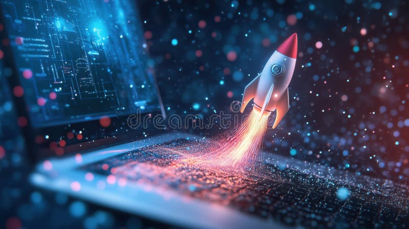 Rocket Launching from Laptop in Futuristic Digital Environment Stock ...