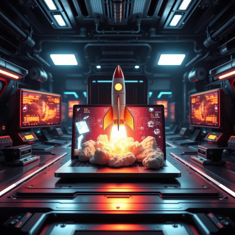 A Rocket Launching from a Laptop in a High-tech Control Room at Night ...