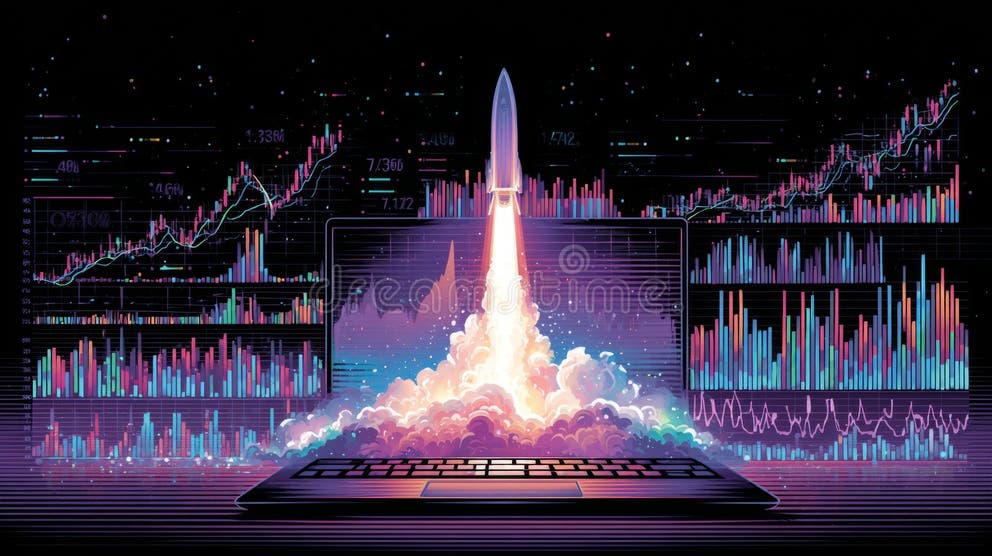 Rocket Launching from Laptop Keyboard Surrounded by Charts and Data ...