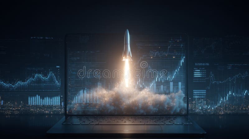 Rocket Launching from Laptop Keyboard Surrounded by Charts and Data ...