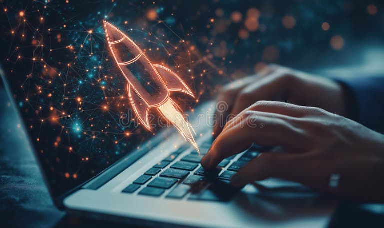 Rocket Launching from Laptop Keyboard Symbolizing Innovation and ...