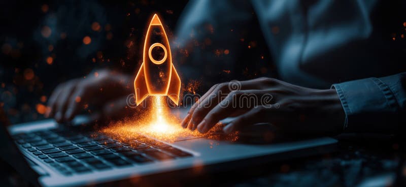 Rocket Launching from Laptop Keyboard Symbolizing Innovation and ...