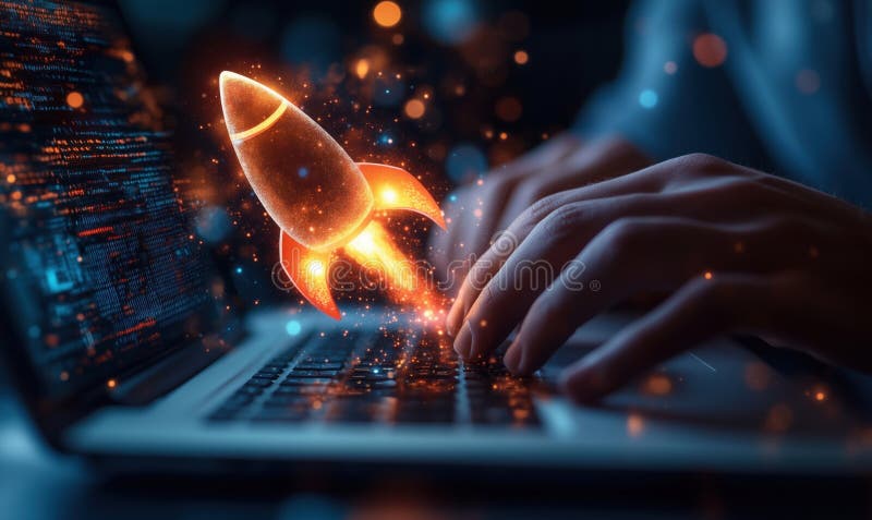 Rocket Launching from Laptop Keyboard Symbolizing Innovation and ...