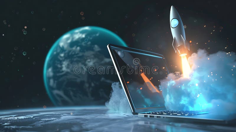 Rocket Launching through Laptop, Pulsating Blue Tech Sphere Stock ...