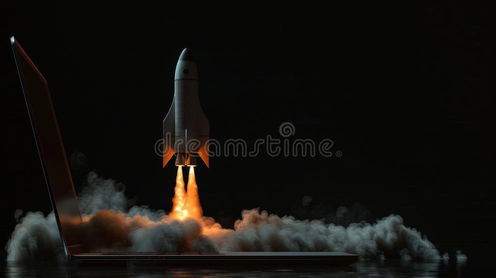 Rocket Launching from a Laptop, Representing Technology, Innovation ...