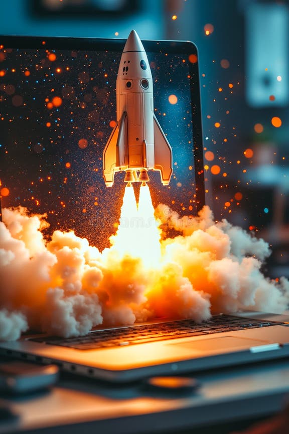 A Laptop Computer with a Rocket Launching into the Sky Stock ...