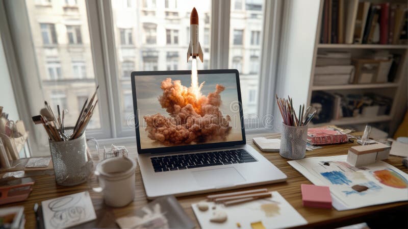 Rocket Launching from Laptop Screen Stock Image - Image of thinking ...