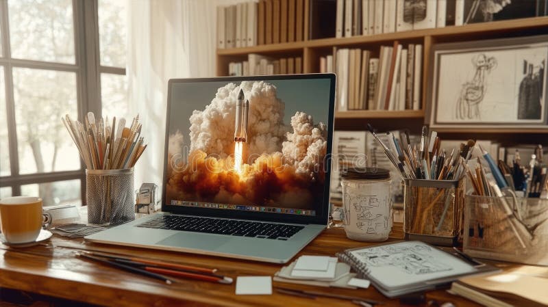 Rocket Launching from Laptop Screen Stock Photo - Image of visual ...