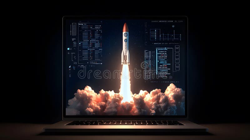 Rocket Launching from a Laptop Screen with Clouds Stock Image - Image ...