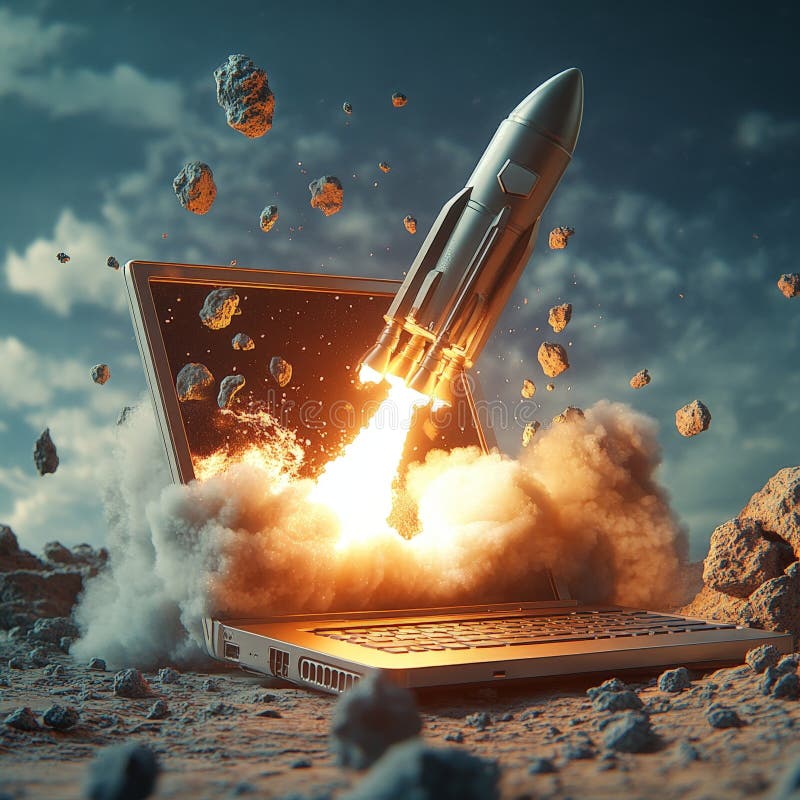 Rocket Launching from Laptop Screen Stock Image - Image of global ...