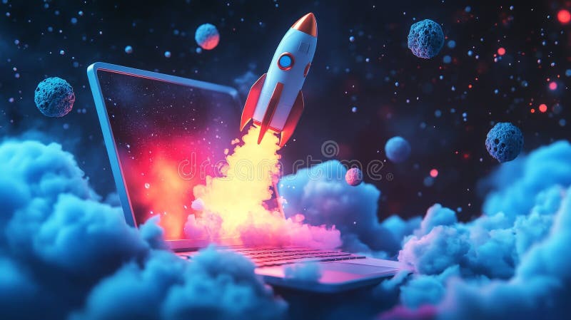 Rocket Launching from Laptop Screen Stock Image - Image of computing ...
