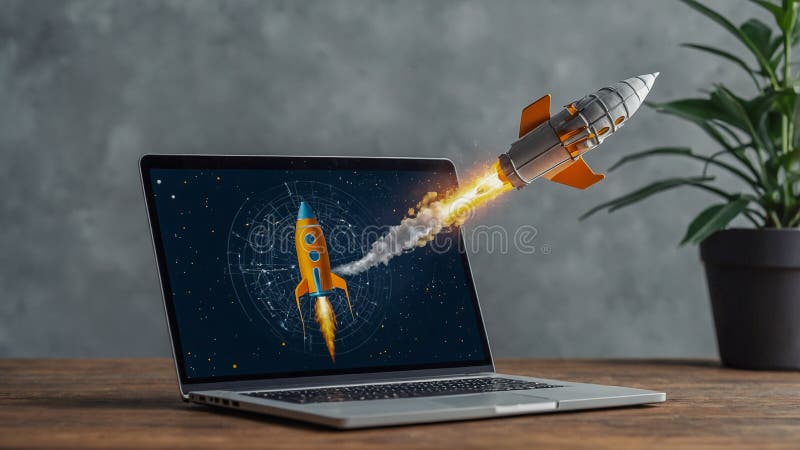 Rocket Launching from Laptop Screen in 3D Effect Stock Illustration ...