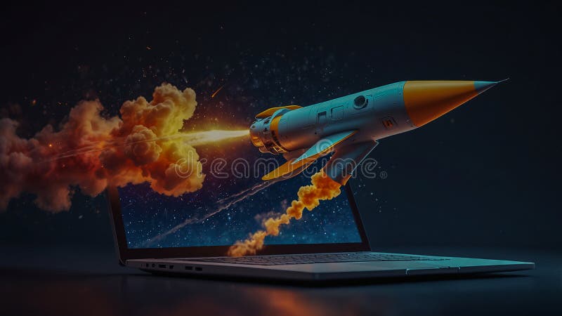 Rocket Launching from a Laptop Screen in 3D Effect Stock Illustration ...