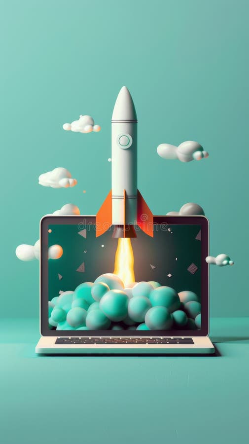 Rocket Launching from a Laptop Screen, Digital Startup Concept Stock ...