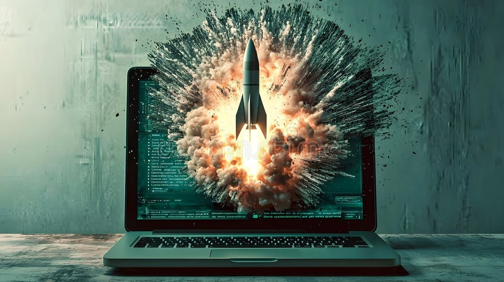 Rocket Launching from a Laptop Screen Explosion. Stock Image - Image of ...